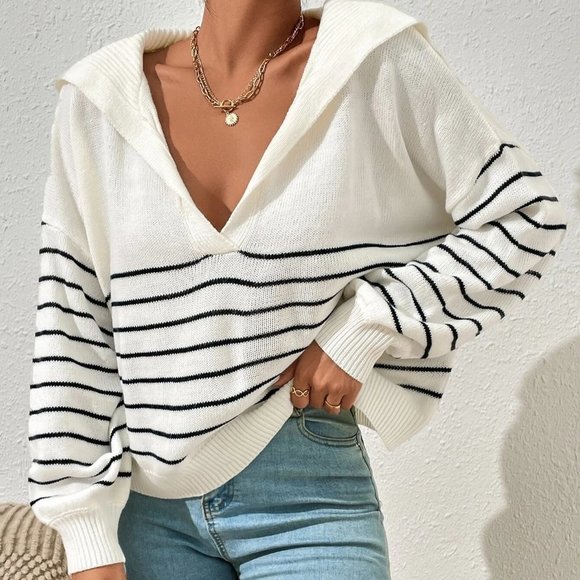 MODA ME COUTURE | Sweaters | Old Money Striped Pattern Sailor Collar ...